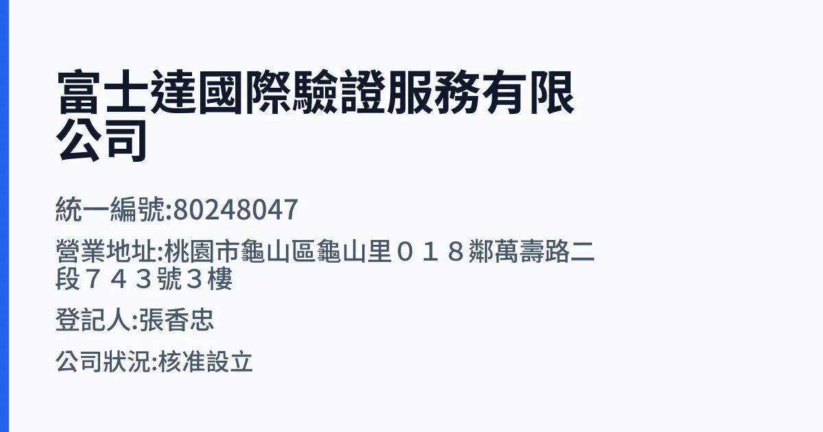 富士達國際驗證服務有限公司 - 統編 80248047(桃園市) 公司登記資料與營業項目詳細圖表