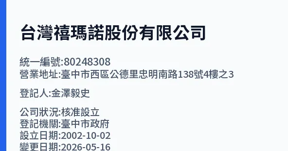 台灣禧瑪諾股份有限公司的照片-統編 80248308(臺中市) 公司登記資料與營業項目詳細圖表