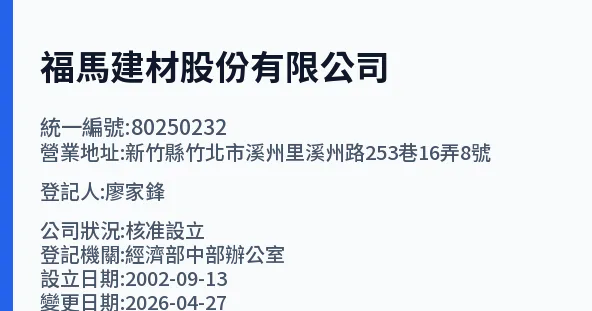 福馬建材股份有限公司的照片-統編 80250232(新竹縣) 公司登記資料與營業項目詳細圖表