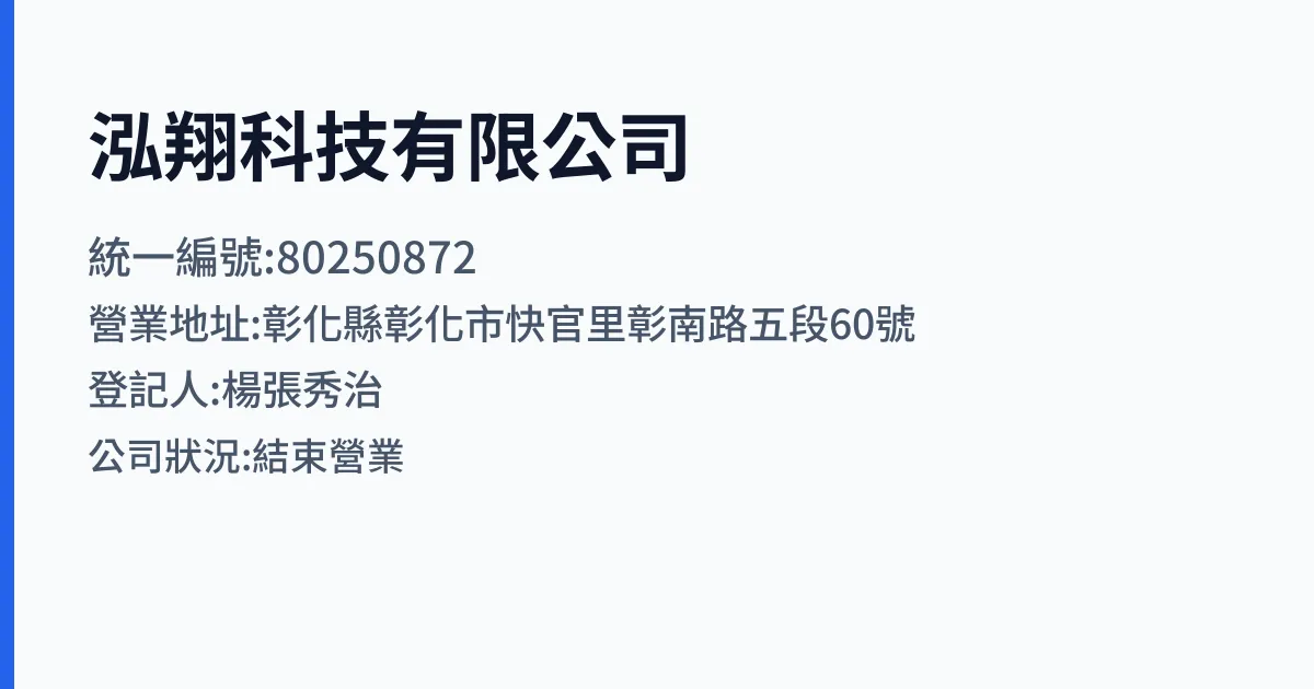 泓翔科技有限公司 - 統編 80250872(彰化縣) 公司登記資料與營業項目詳細圖表