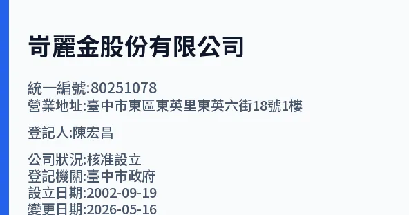 岢麗金股份有限公司的照片-統編 80251078(臺中市) 公司登記資料與營業項目詳細圖表