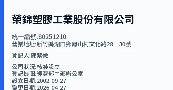 榮錦塑膠工業股份有限公司的照片-統編 80251210(新竹縣) 公司登記資料與營業項目詳細圖表