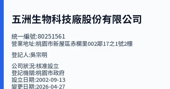 五洲生物科技廠股份有限公司的照片-統編 80251561(桃園市) 公司登記資料與營業項目詳細圖表