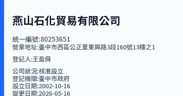 燕山石化貿易有限公司的照片-統編 80253651(臺中市) 公司登記資料與營業項目詳細圖表