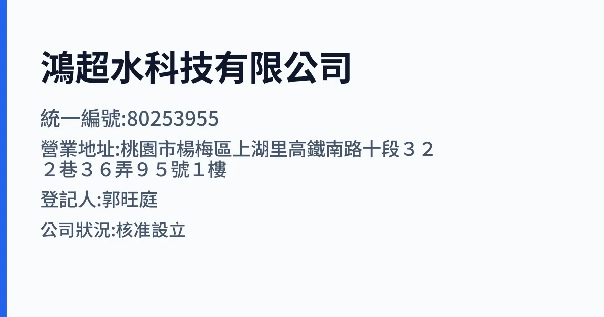鴻超水科技有限公司 - 統編 80253955(桃園市) 公司登記資料與營業項目詳細圖表