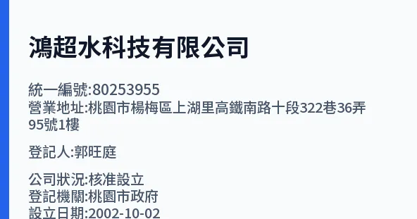 鴻超水科技有限公司的照片-統編 80253955(桃園市) 公司登記資料與營業項目詳細圖表