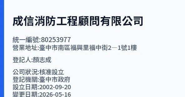 成信消防工程顧問有限公司的照片-統編 80253977(臺中市) 公司登記資料與營業項目詳細圖表