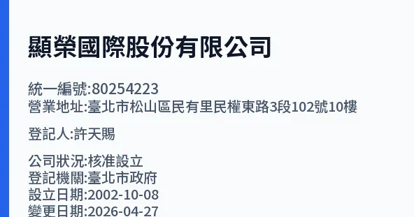 顯榮國際股份有限公司的照片-統編 80254223(臺北市) 公司登記資料與營業項目詳細圖表
