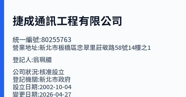 捷成通訊工程有限公司的照片-統編 80255763(新北市) 公司登記資料與營業項目詳細圖表