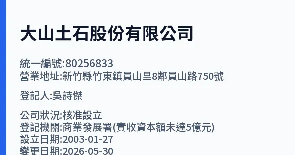 大山土石股份有限公司的照片-統編 80256833(新竹縣) 公司登記資料與營業項目詳細圖表