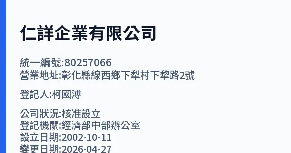 仁詳企業有限公司的照片-統編 80257066(彰化縣) 公司登記資料與營業項目詳細圖表