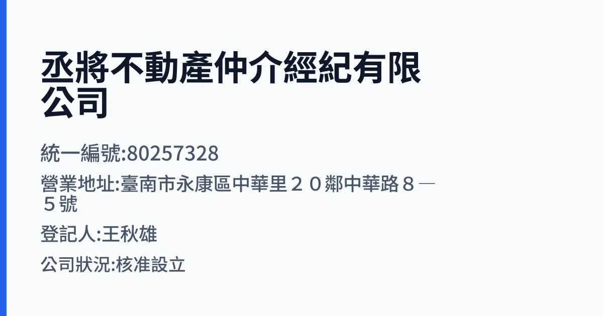 丞將不動產仲介經紀有限公司 - 統編 80257328(臺南市) 公司登記資料與營業項目詳細圖表