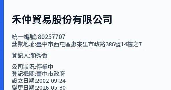 禾仲貿易股份有限公司的照片-統編 80257707(臺中市) 公司登記資料與營業項目詳細圖表