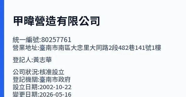 甲暐營造有限公司的照片-統編 80257761(臺南市) 公司登記資料與營業項目詳細圖表