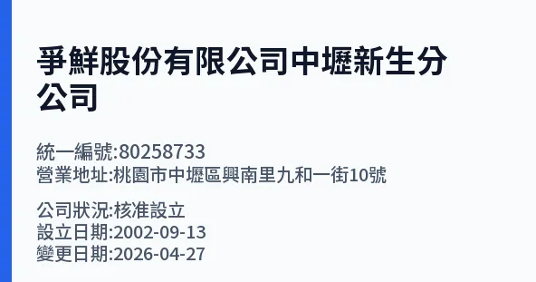 爭鮮股份有限公司中壢新生分公司的照片-統編 80258733(桃園市) 公司登記資料與營業項目詳細圖表