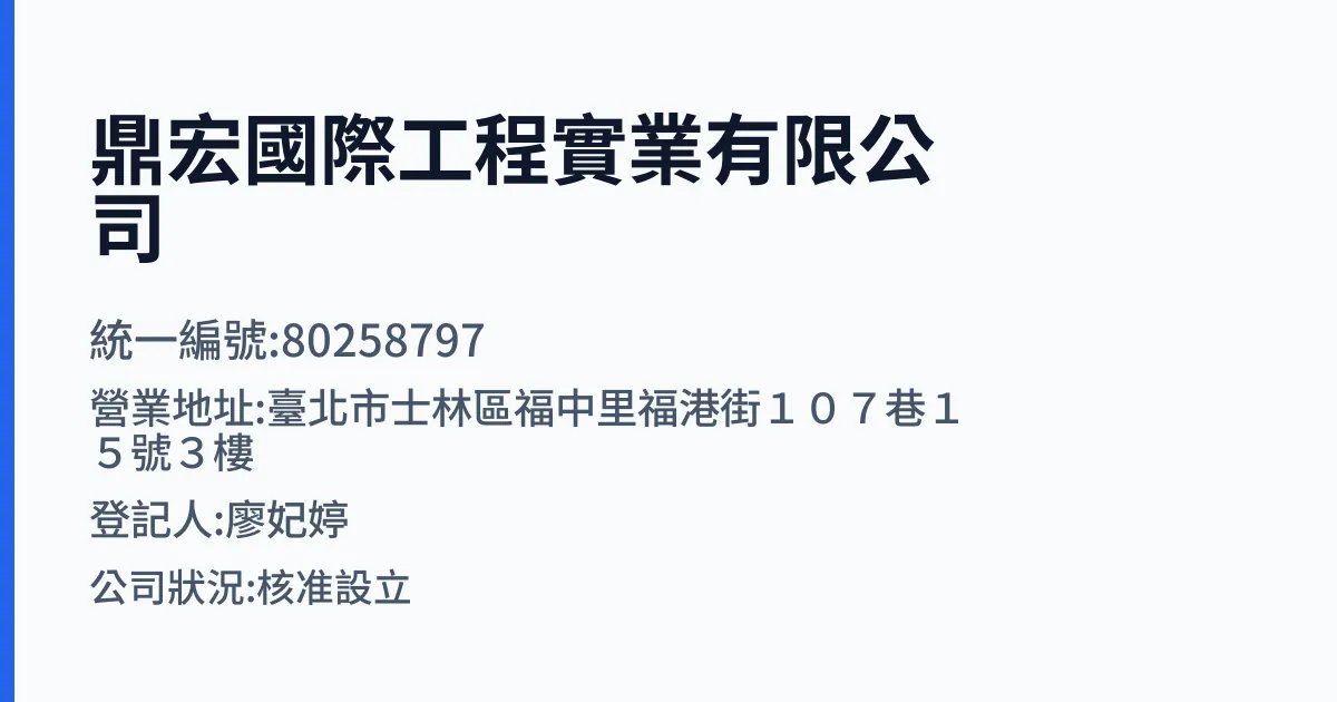 鼎宏國際工程實業有限公司 - 統編 80258797(臺北市) 公司登記資料與營業項目詳細圖表