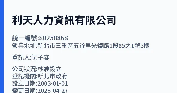 利天人力資訊有限公司的照片-統編 80258868(新北市) 公司登記資料與營業項目詳細圖表