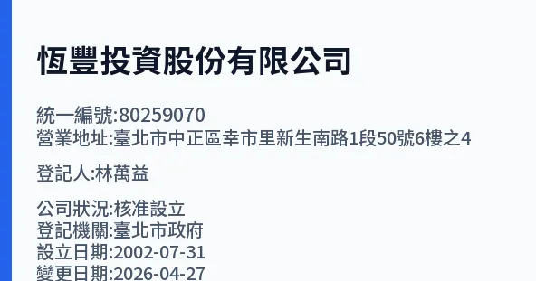 恆豐投資股份有限公司的照片-統編 80259070(臺北市) 公司登記資料與營業項目詳細圖表
