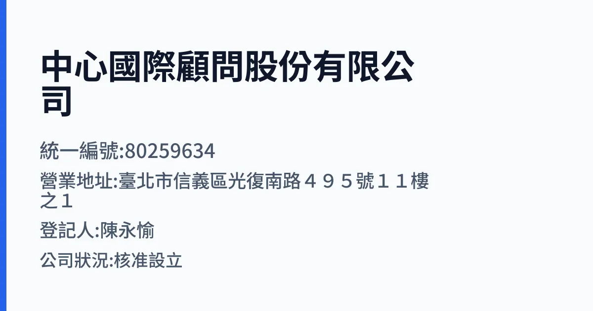 中心國際顧問股份有限公司 - 統編 80259634(臺北市) 公司登記資料與營業項目詳細圖表