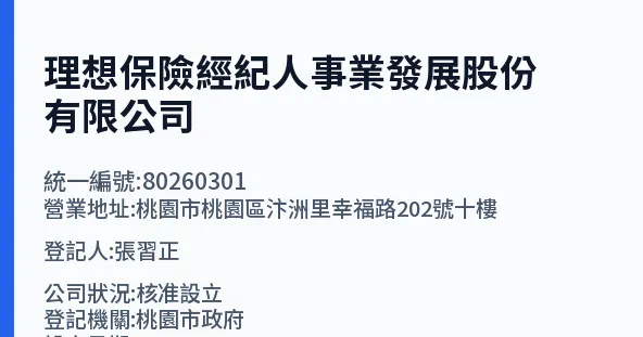 理想保險經紀人事業發展股份有限公司的照片-統編 80260301(桃園市) 公司登記資料與營業項目詳細圖表