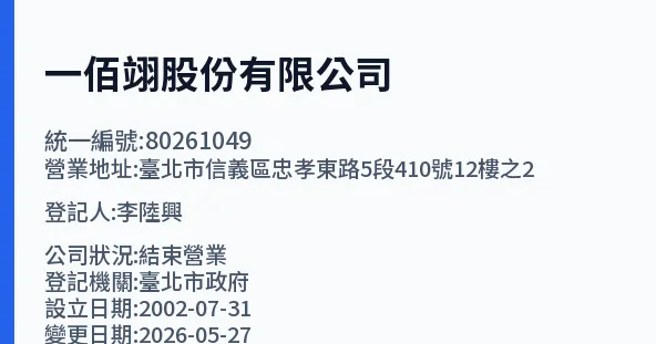 一佰翊股份有限公司的照片-統編 80261049(臺北市) 公司登記資料與營業項目詳細圖表