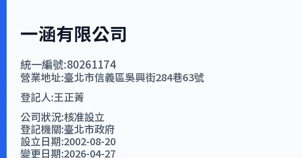 一涵有限公司的照片-統編 80261174(臺北市) 公司登記資料與營業項目詳細圖表