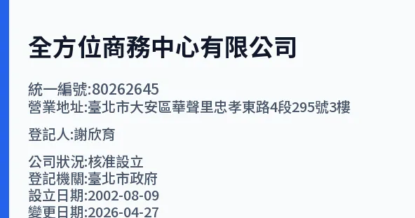 全方位商務中心有限公司的照片-統編 80262645(臺北市) 公司登記資料與營業項目詳細圖表