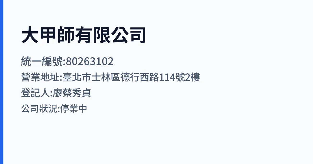 大甲師有限公司 - 統編 80263102(臺北市) 公司登記資料與營業項目詳細圖表