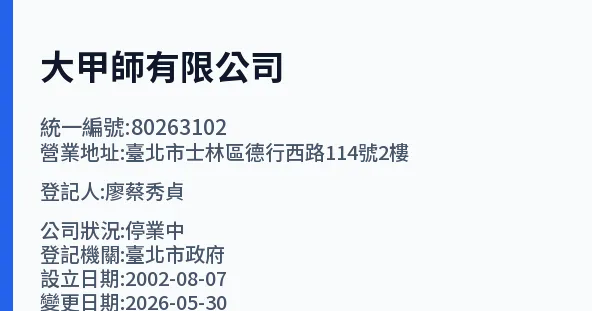 大甲師有限公司的照片-統編 80263102(臺北市) 公司登記資料與營業項目詳細圖表