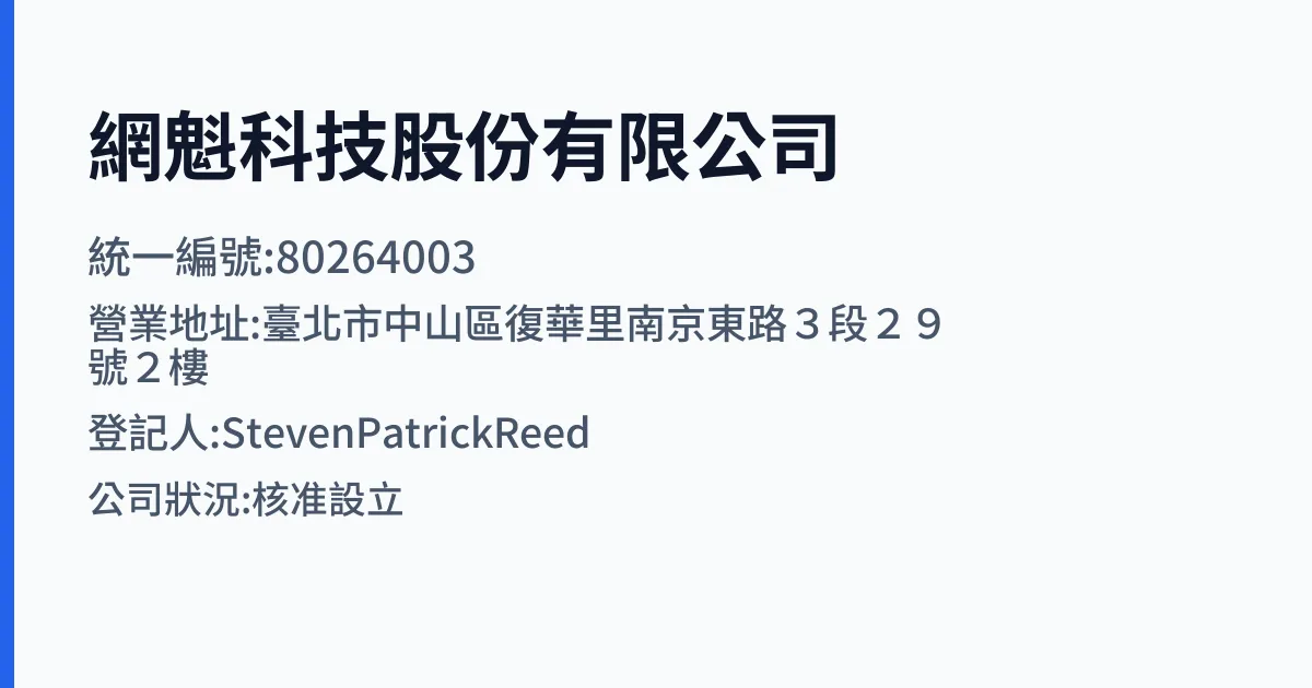 網魁科技股份有限公司 - 統編 80264003(臺北市) 公司登記資料與營業項目詳細圖表