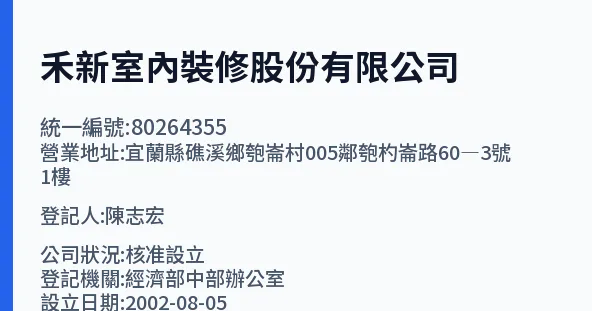 禾新室內裝修股份有限公司的照片-統編 80264355(宜蘭縣) 公司登記資料與營業項目詳細圖表