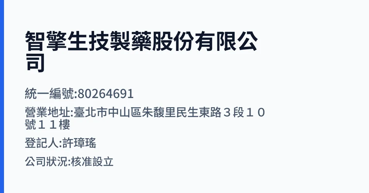 智擎生技製藥股份有限公司 - 統編 80264691(臺北市) 公司登記資料與營業項目詳細圖表