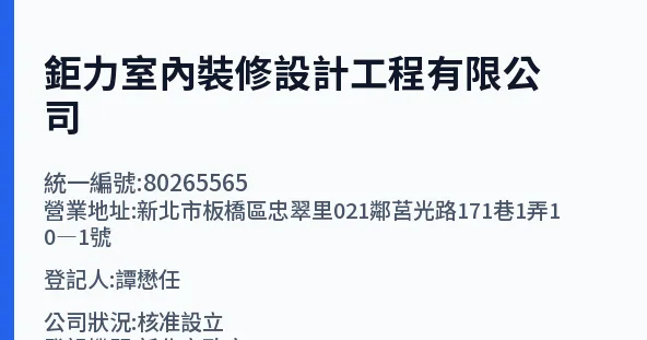 鉅力室內裝修設計工程有限公司的照片-統編 80265565(新北市) 公司登記資料與營業項目詳細圖表