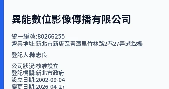 異能數位影像傳播有限公司的照片-統編 80266255(新北市) 公司登記資料與營業項目詳細圖表