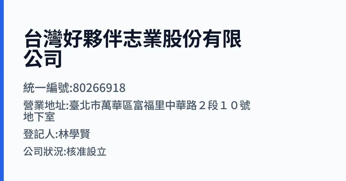 台灣好夥伴志業股份有限公司 - 統編 80266918(臺北市) 公司登記資料與營業項目詳細圖表