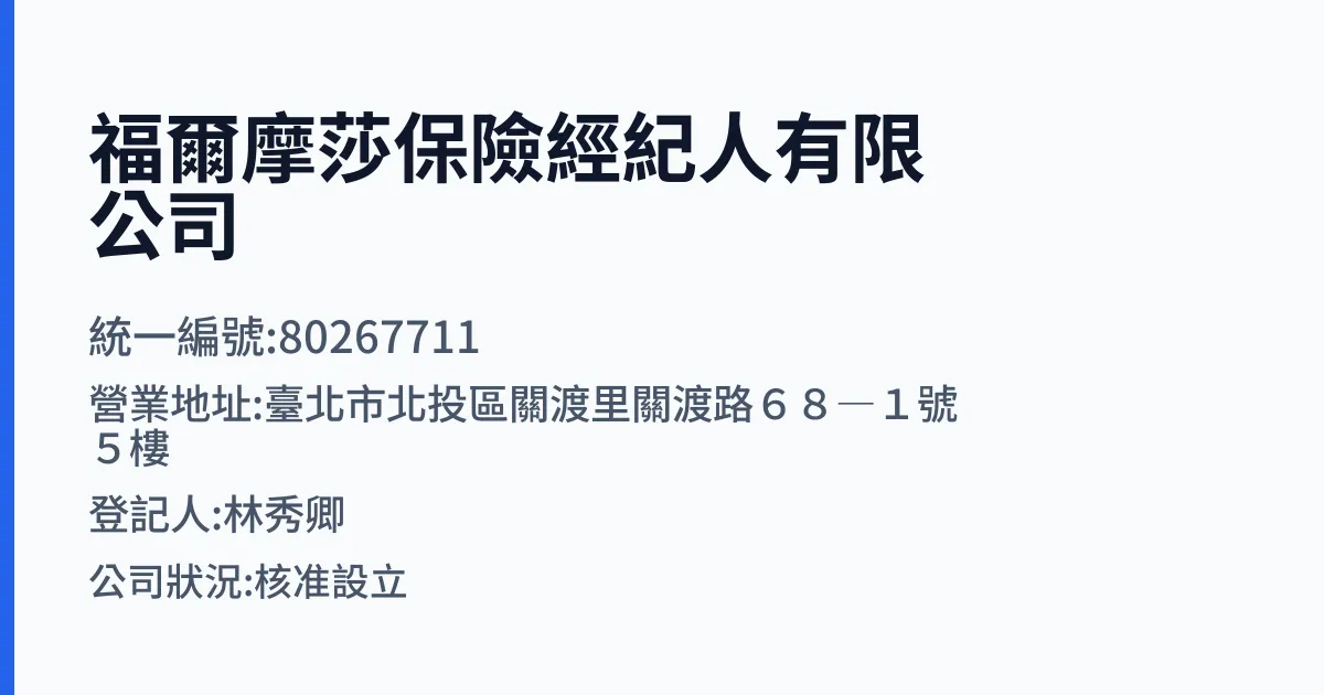 福爾摩莎保險經紀人有限公司 - 統編 80267711(臺北市) 公司登記資料與營業項目詳細圖表