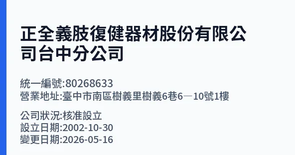 正全義肢復健器材股份有限公司台中分公司的照片-統編 80268633(臺中市) 公司登記資料與營業項目詳細圖表