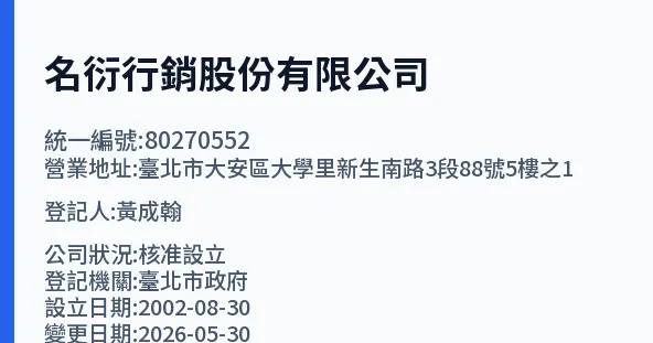 名衍行銷股份有限公司的照片-統編 80270552(臺北市) 公司登記資料與營業項目詳細圖表