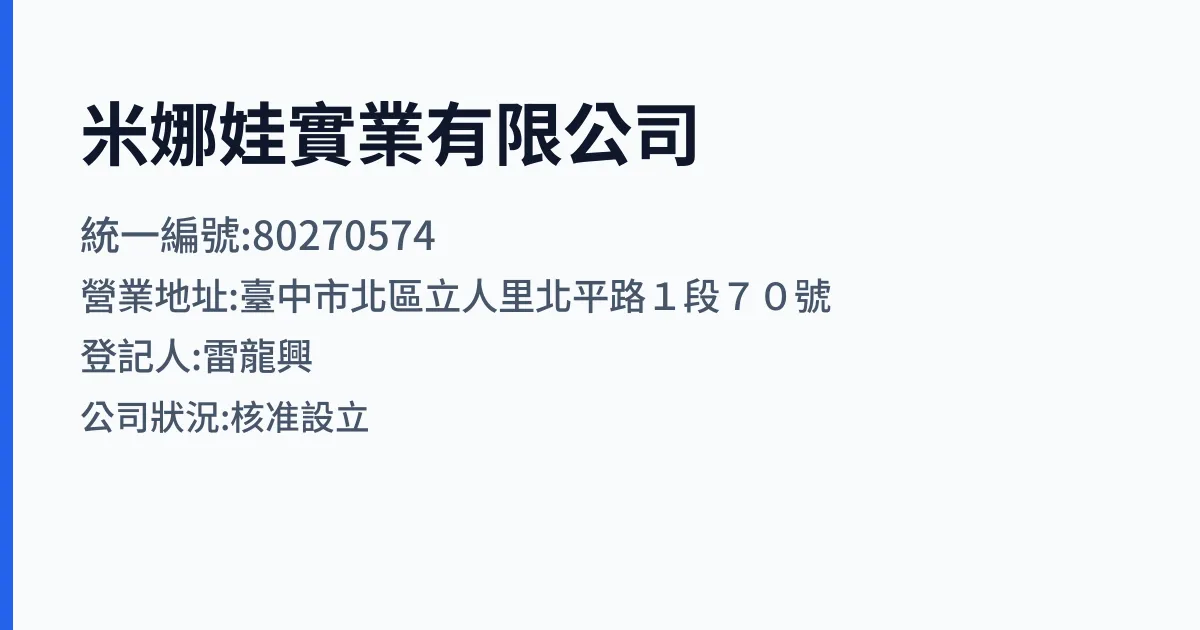 米娜娃實業有限公司 - 統編 80270574(臺中市) 公司登記資料與營業項目詳細圖表
