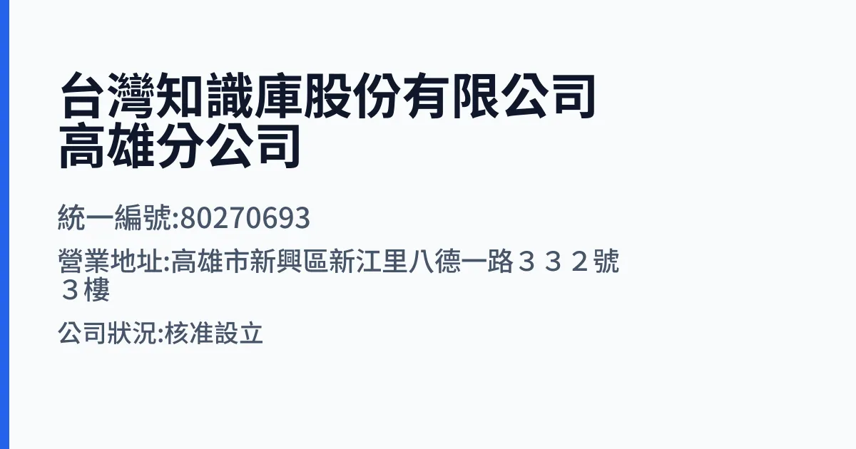 台灣知識庫股份有限公司高雄分公司 - 統編 80270693(高雄市) 公司登記資料與營業項目詳細圖表