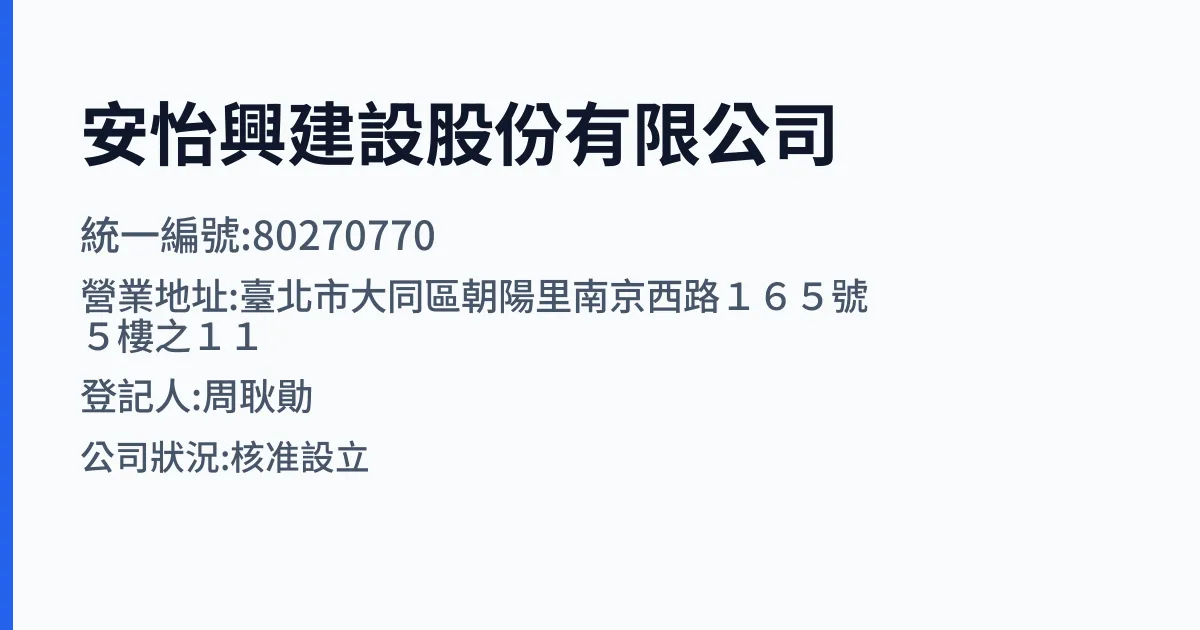 安怡興建設股份有限公司 - 統編 80270770(臺北市) 公司登記資料與營業項目詳細圖表
