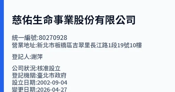 慈佑生命事業股份有限公司的照片-統編 80270928(新北市) 公司登記資料與營業項目詳細圖表