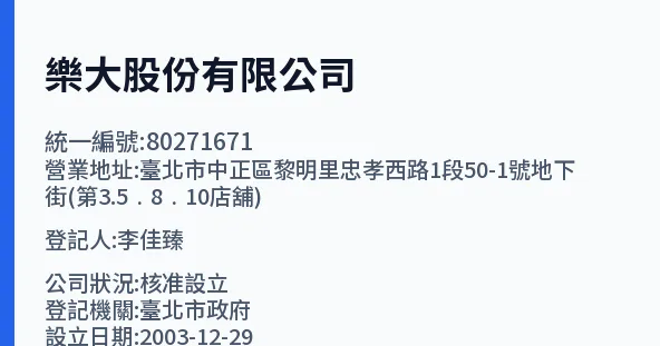 樂大股份有限公司的照片-統編 80271671(臺北市) 公司登記資料與營業項目詳細圖表
