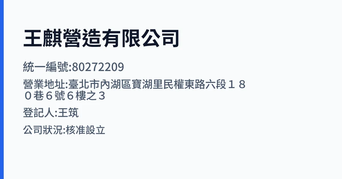 王麒營造有限公司 - 統編 80272209(臺北市) 公司登記資料與營業項目詳細圖表