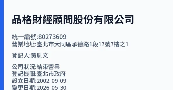 品格財經顧問股份有限公司的照片-統編 80273609(臺北市) 公司登記資料與營業項目詳細圖表