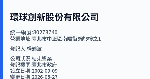 環球創新股份有限公司的照片-統編 80273740(臺北市) 公司登記資料與營業項目詳細圖表