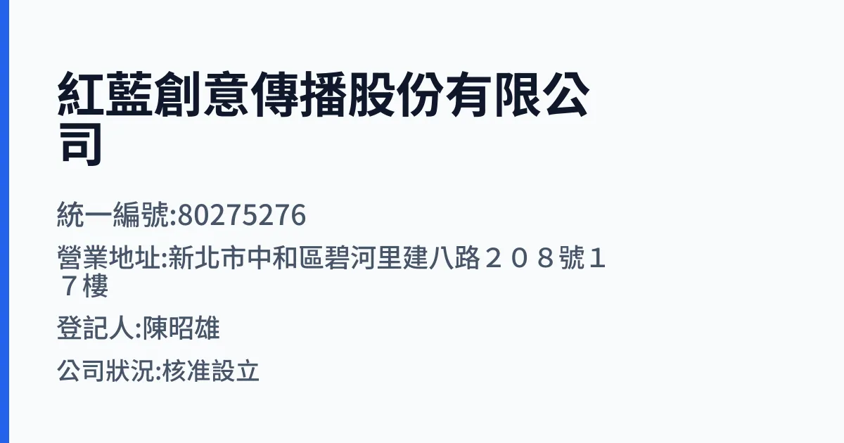 紅藍創意傳播股份有限公司 - 統編 80275276(新北市) 公司登記資料與營業項目詳細圖表
