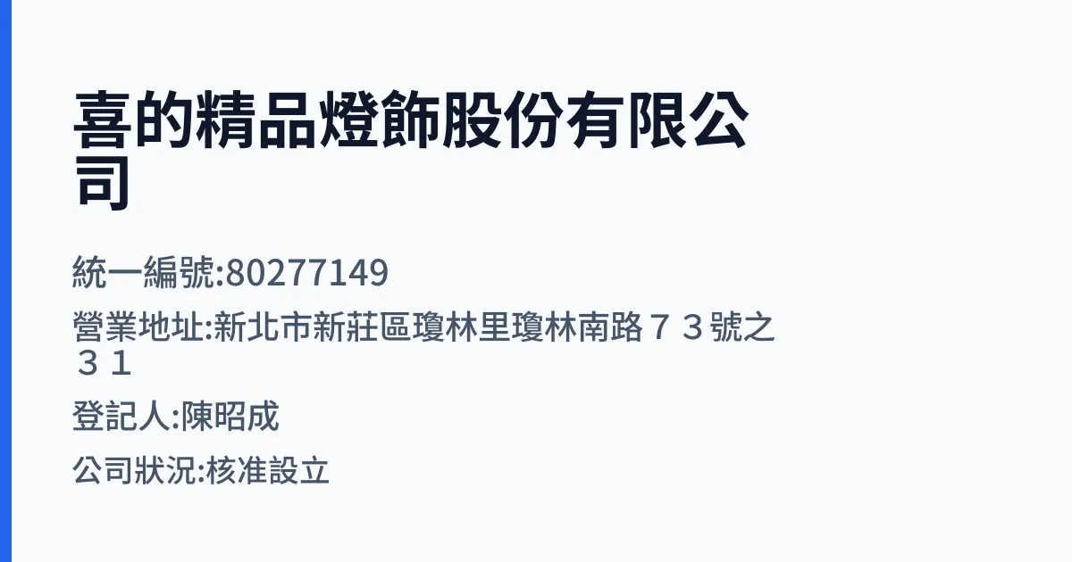 喜的精品燈飾股份有限公司 - 統編 80277149(新北市) 公司登記資料與營業項目詳細圖表