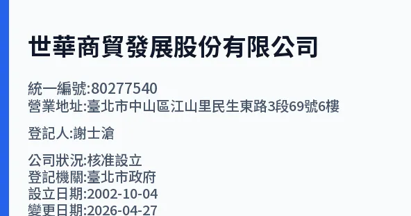 世華商貿發展股份有限公司的照片-統編 80277540(臺北市) 公司登記資料與營業項目詳細圖表