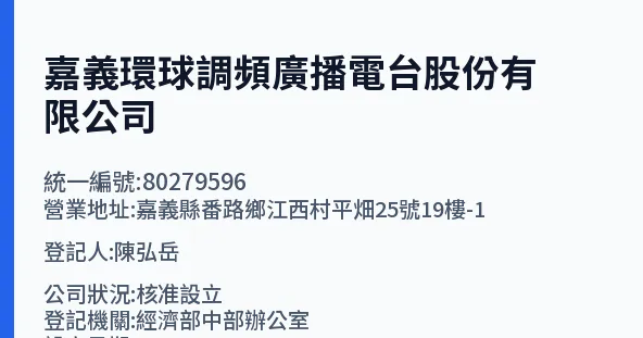嘉義環球調頻廣播電台股份有限公司的照片-統編 80279596(嘉義縣) 公司登記資料與營業項目詳細圖表